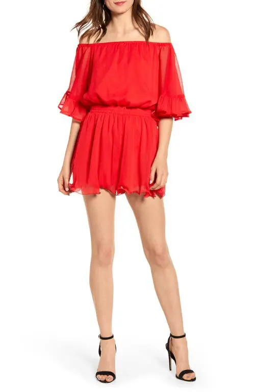Endless Rose Off The Shoulder Ruffle Sleeve Romper - Red
