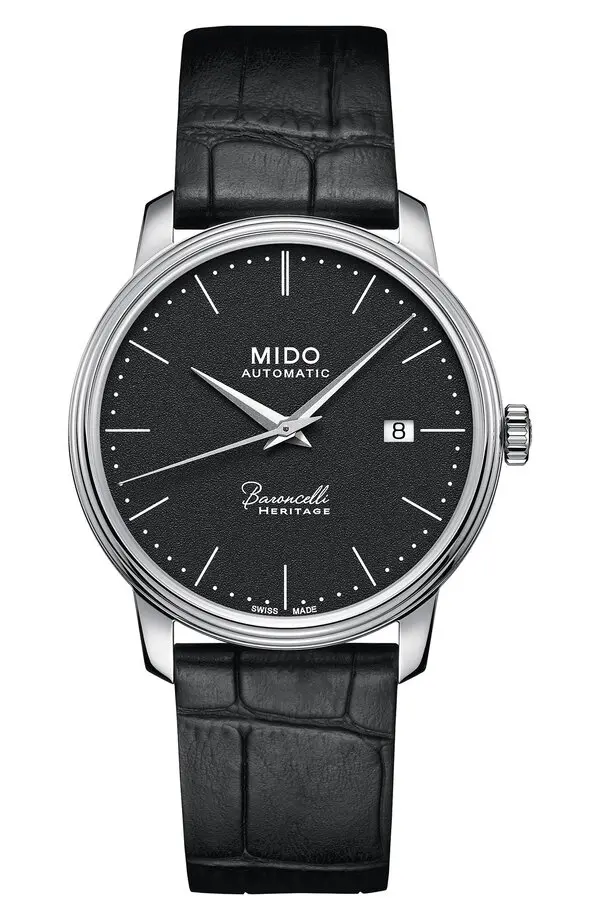 MIDO Baroncelli Heritage Automatic Leather Strap Watch - Black/ Silver