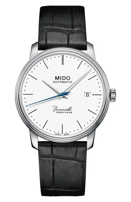 MIDO Baroncelli Heritage Automatic Leather Strap Watch - Black/white/silver