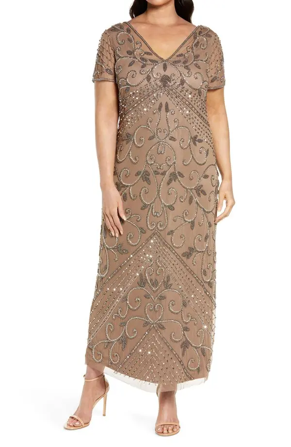 Pisarro Nights Beaded Mesh Gown - Taupe
