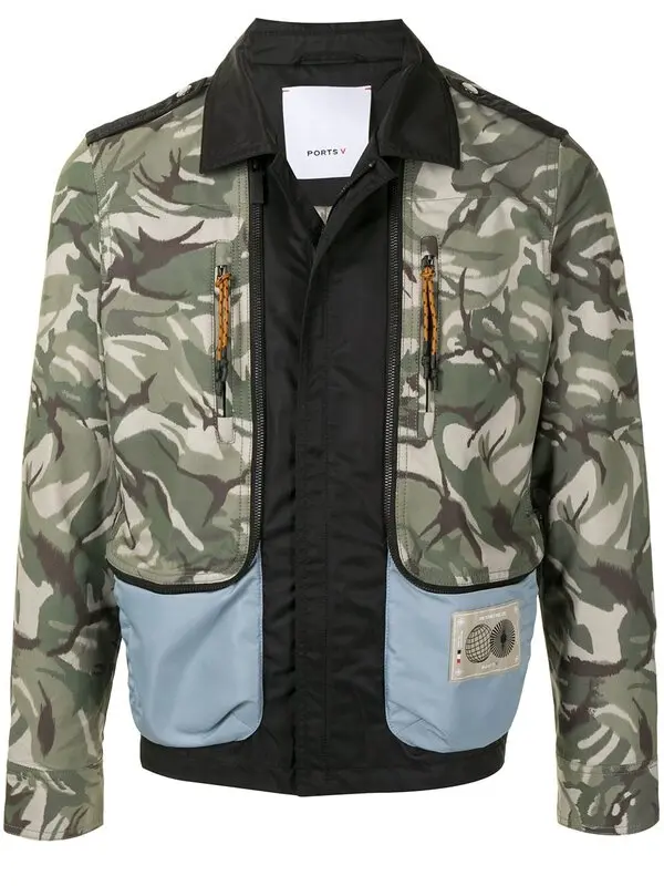 PORTS V Panelled Camouflage Print Bomber Jacket - Green