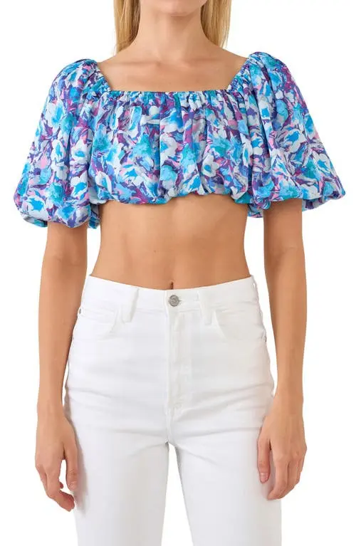 Endless Rose Floral Puff Sleeve Crop Top - Blue Multi