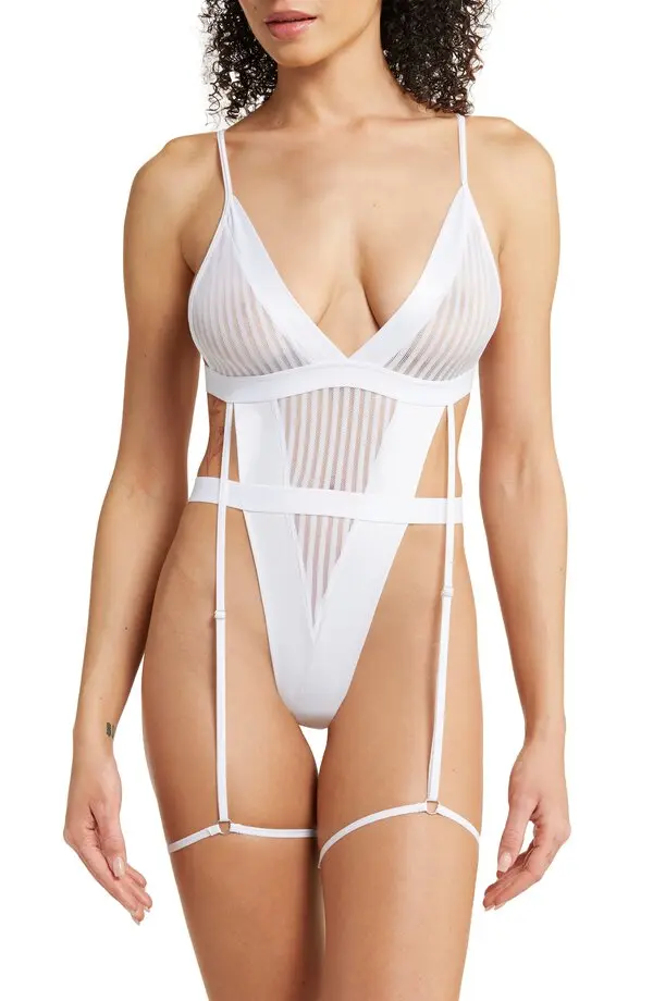 MAPALE Stripe Mesh Thong Teddy & Garter Straps - White