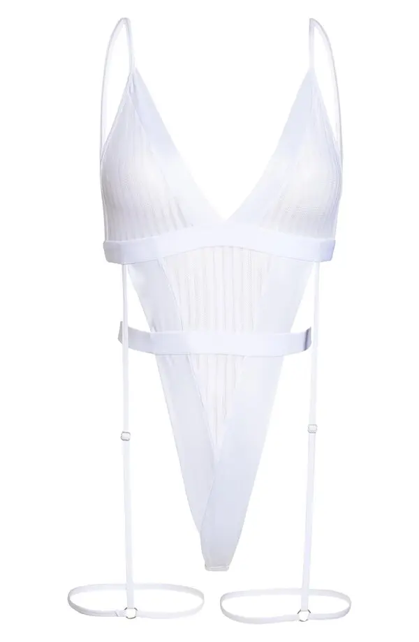 MAPALE Stripe Mesh Thong Teddy & Garter Straps - White