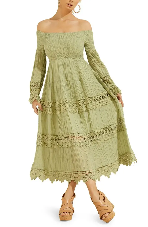 Guess Amberlee Off The Shoulder Long Sleeve Dress In Green - 32% Off |  Editorialist