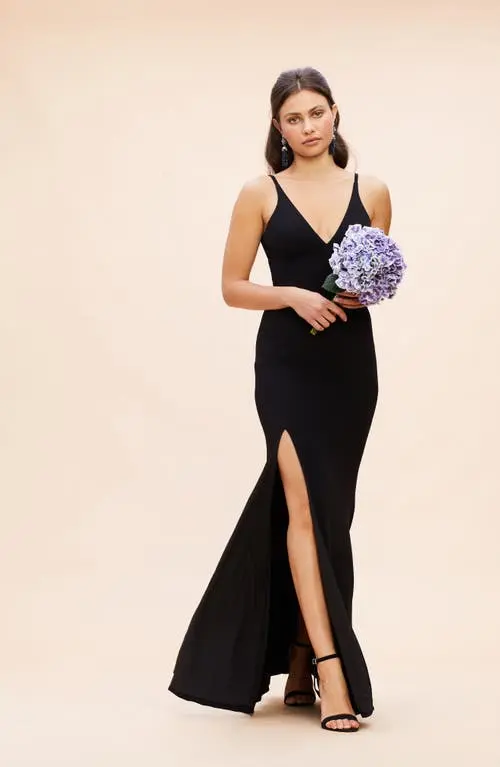 open lace back dress NWT DRESS THE POPULATION Iris Slit Crepe GOWN DRESS Black- Size Large