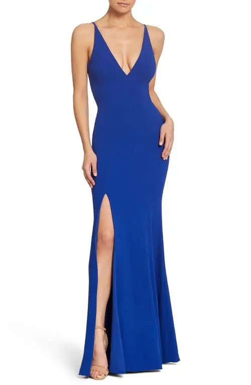 Dress The Population Iris Slit Crepe Gown - Cobalt