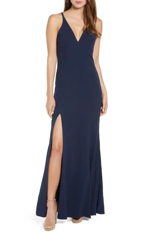 Dress The Population Iris Slit Crepe Gown - Midnight Blue