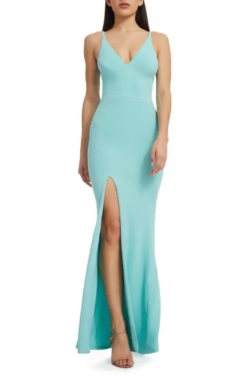 Dress The Population Iris Slit Crepe Gown - Tranquil Blue