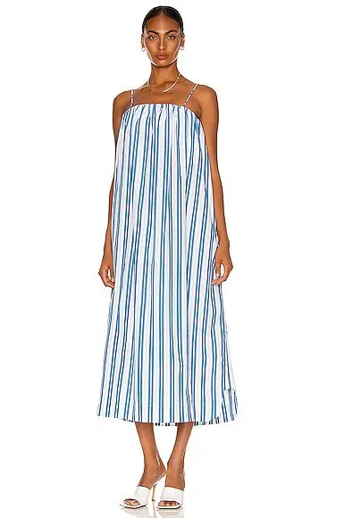 GANNI Stripe Cotton Dress In Blue