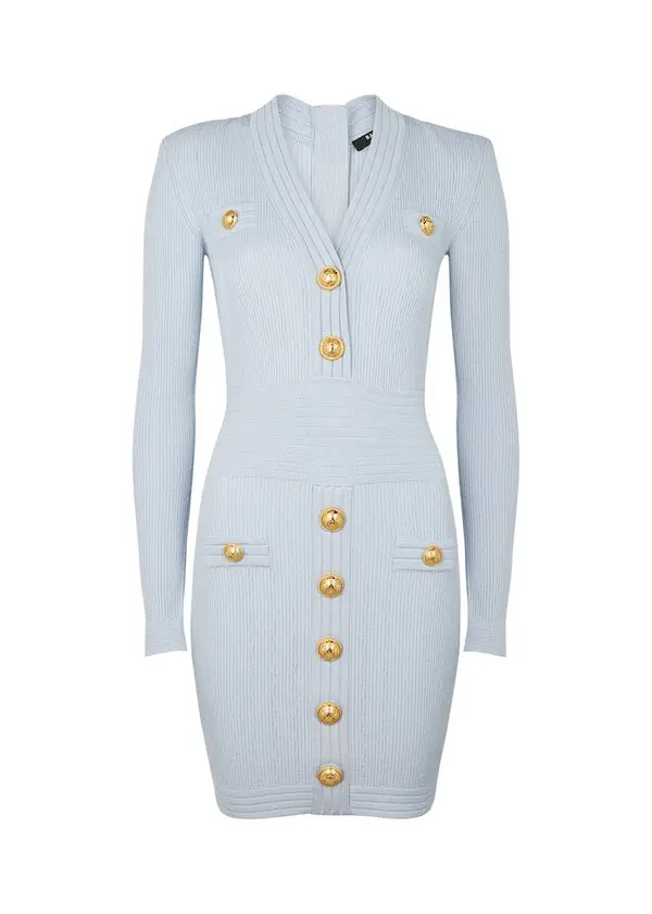Balmain Ribbed-Knit Mini Dress In Light Blue - 42% Off | Editorialist