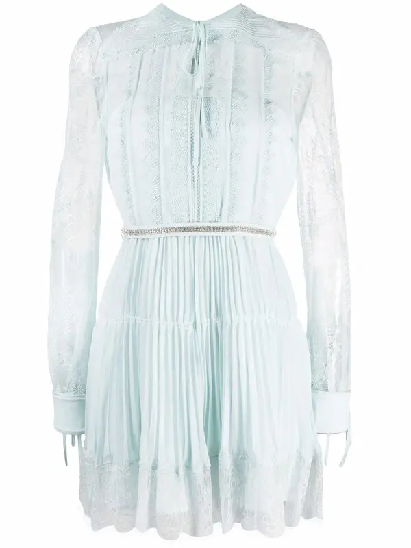Self-Portrait Lace-Trim Pleated Mini Dress In Blue - 30% Off | Editorialist