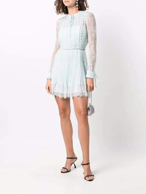 Self-Portrait Lace-Trim Pleated Mini Dress In Blue - 30% Off | Editorialist