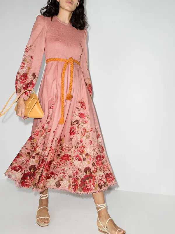 knee length dresses for ladies Zimmermann Cassia Tie-Strap Maxi Dress Light Pink Floral Print Cotton –  Celebrity Owned