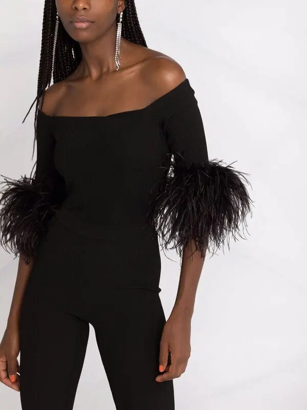 Black Off-the-Shoulder Feather-Trim Short Jumpsuit
