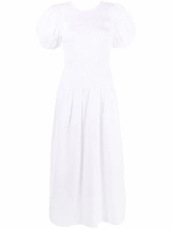 Ganni Shirred Poplin Midi Dress - White