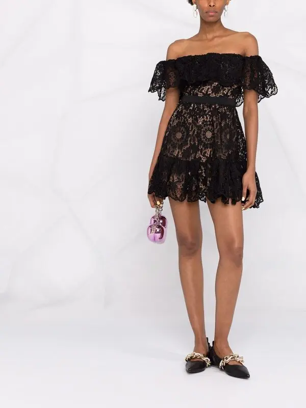 Self-Portrait Lace-Detail Off-Shoulder Mini Dress - Black | Editorialist