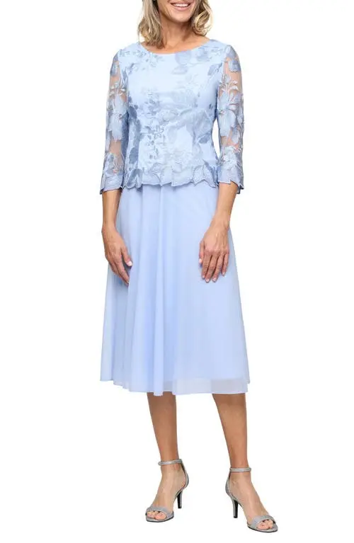 Alex Evenings Illusion Sleeve Embroidered Midi Dress - Hydrangea