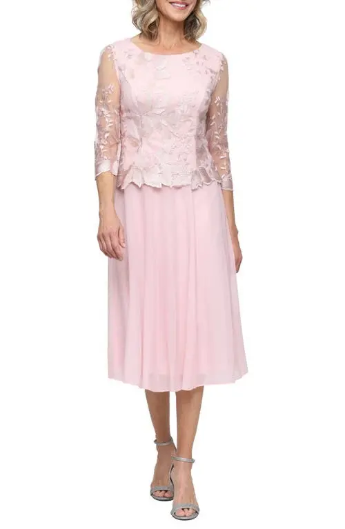 Alex Evenings Illusion Sleeve Embroidered Midi Dress - Shell Pink