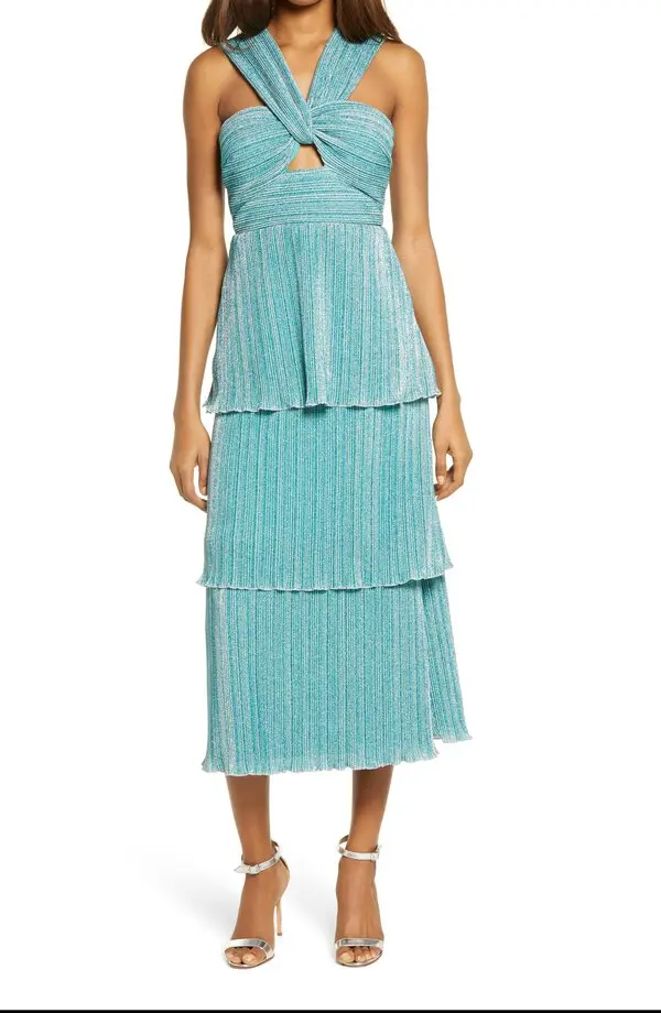 Saylor Hyelee Metallic Halter Neck Tiered Cocktail Dress In Aqua - 50% Off  | Editorialist