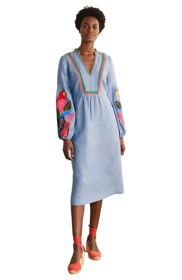 Boden Leonie Embroidered Long Sleeve Linen Midi Dress In Grey Blue Chambray  /Linen - 58% Off | Editorialist