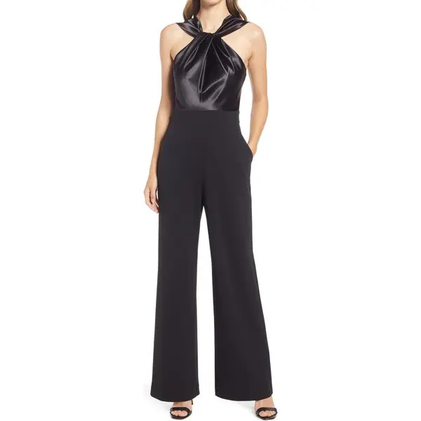 Eliza J Twist Neck Satin & Crepe Jumpsuit - Black