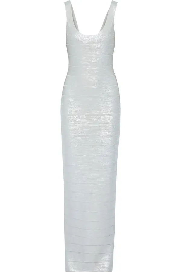 Herve Leger Metallic Coated Bandage Gown In Silver - 55% Off | Editorialist