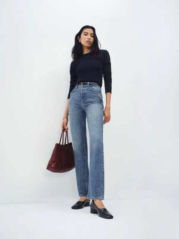REFORMATION Cynthia High Rise Straight Long Jeans - Blue