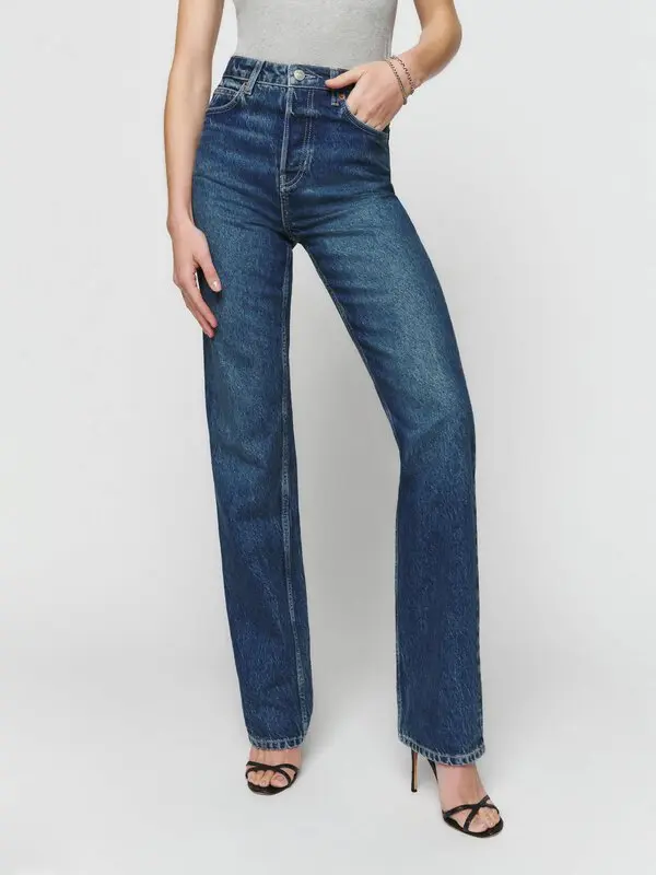 REFORMATION Cynthia High Rise Straight Long Jeans - Blue
