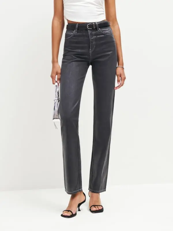 REFORMATION Cynthia High Rise Straight Long Jeans - Glossy Black