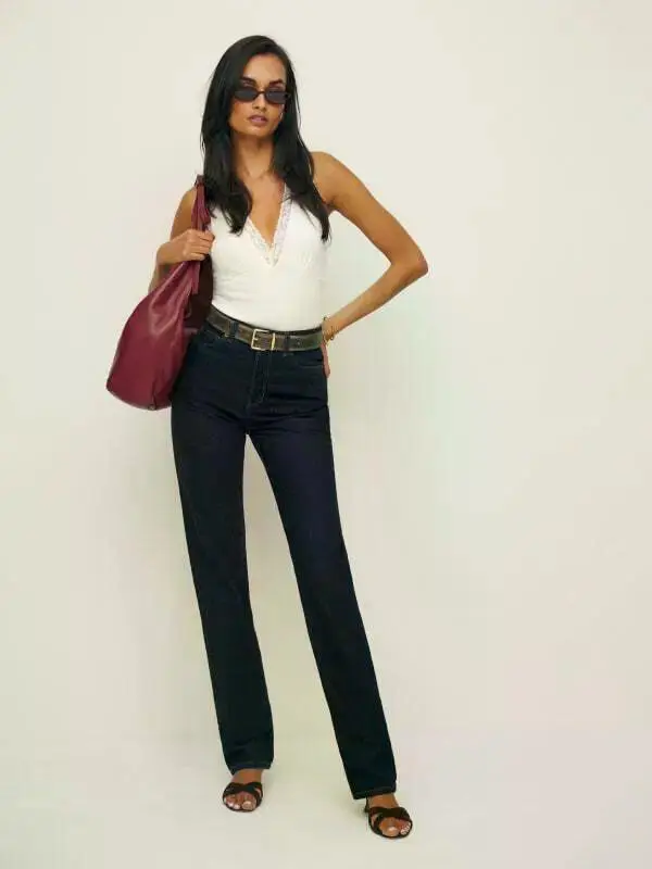 REFORMATION Cynthia High Rise Straight Long Jeans - Ondine