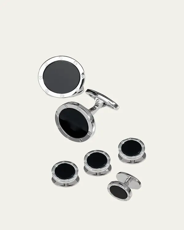 JAN LESLIE Round Onyx Cuff Link And Stud Set - Black Onyx