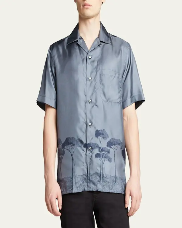 Brioni Roman Tree-print Silk Camp Shirt