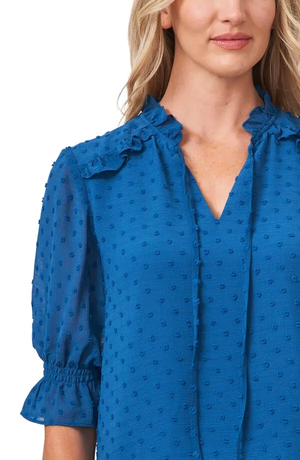 CECE DUPRAZ Clip Dot Tie Front Top With Ruffle Detail