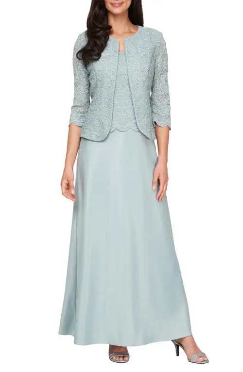 Alex Evenings Embroidered Lace Gown With Jacket - Ice Sage