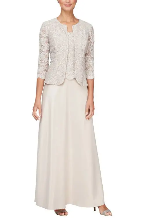 Alex Evenings Embroidered Lace Gown With Jacket - Taupe