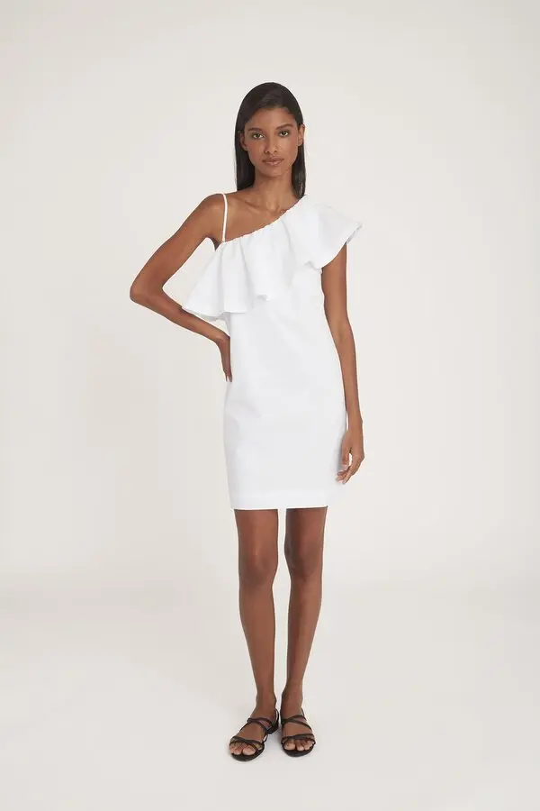Cuyana Seersucker One-Shoulder Dress - White | Editorialist