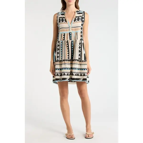 Elan Babydoll Cover-up Mini Dress - Neutral Aztec