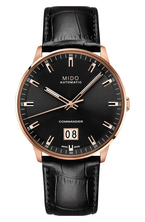 MIDO Commander Ii Skeleton Leather Strap Watch - Black/ Rose Gold