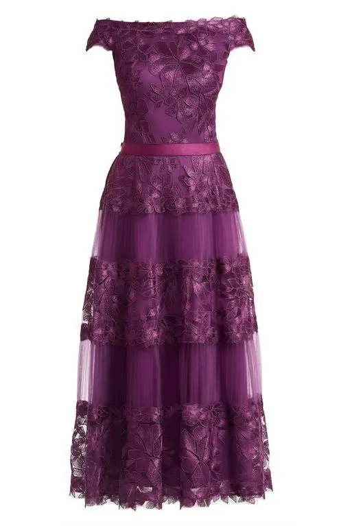 Tadashi Shoji Embroidered Off-the-shoulder Midi Dress - Begonia
