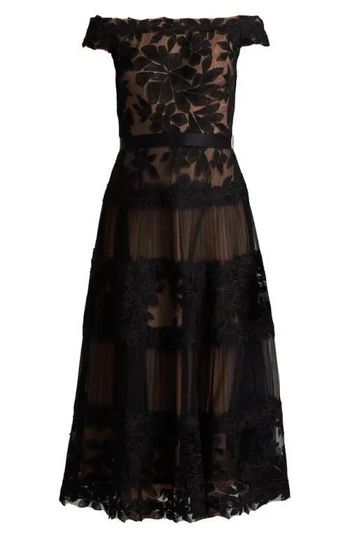 Tadashi Shoji Embroidered Off-The-Shoulder Midi Dress - Black/ Nude |  Editorialist