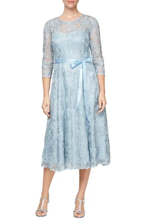 alex evenings women's tea length embroidered dress illusion sleeves Alex Evenings Women's Size 16 Tea Length Embroidered Dress with Illusion  Sleeves