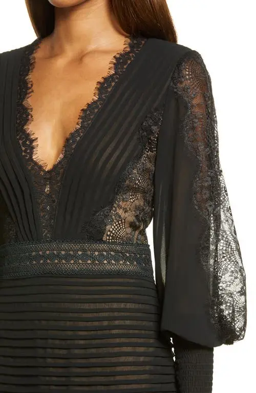 Tadashi Shoji Lace Pintuck Long-Sleeve Cocktail Dress - Black/Nude |  Editorialist