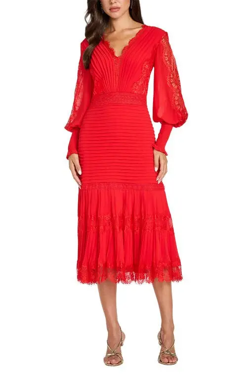 Tadashi Shoji Lace Pintuck Long-sleeve Cocktail Dress - Cherry
