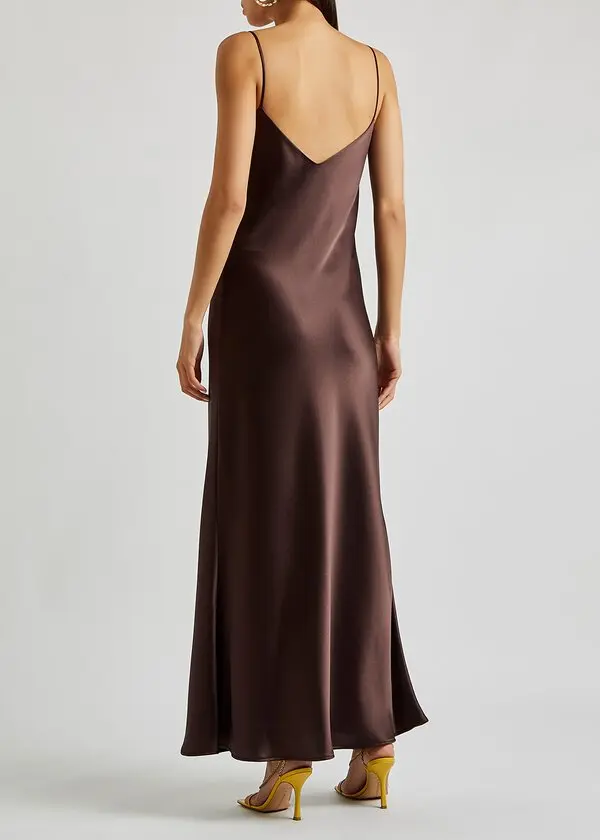 brown satin slip dress COWL NECK SLEEVELESS SLIP SATINY MAXI DRESS DS / BROWN / M