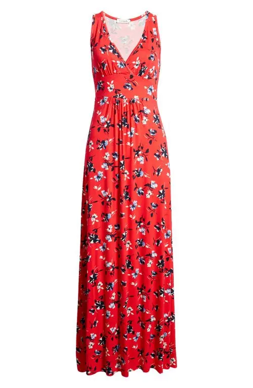 Loveappella Floral V-neck Jersey Maxi Dress - Red