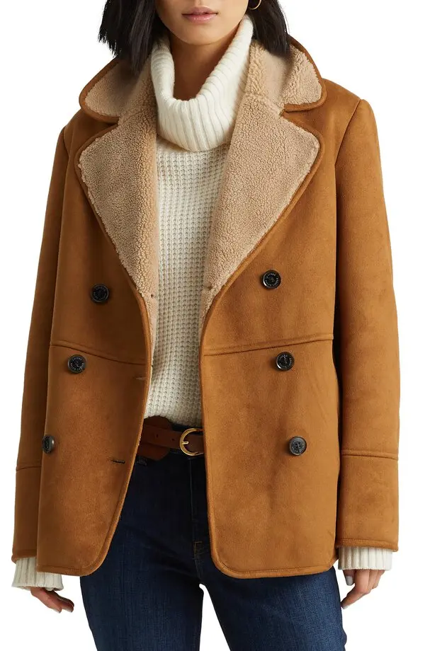 Ralph Lauren Double Breasted Faux Shearling Coat In Cognac 60