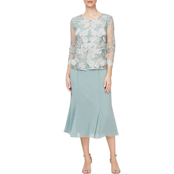 Alex Evenings Mock Jacket Midi Dress - Ice Sage