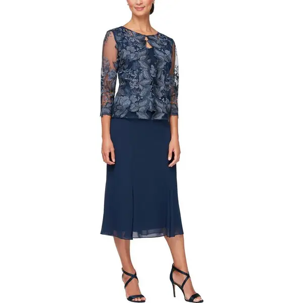 Alex Evenings Mock Jacket Midi Dress - Navy