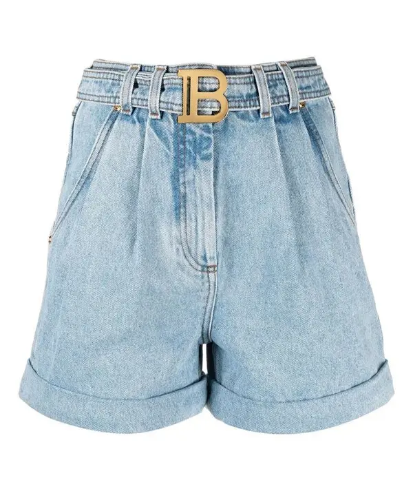 Balmain Belted High-waist Shorts - Blue